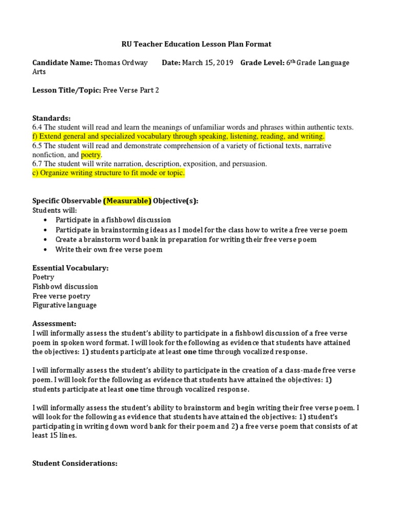 Poetry Lesson Plan-Free Verse 1 | PDF | Poetry | Psychological Concepts