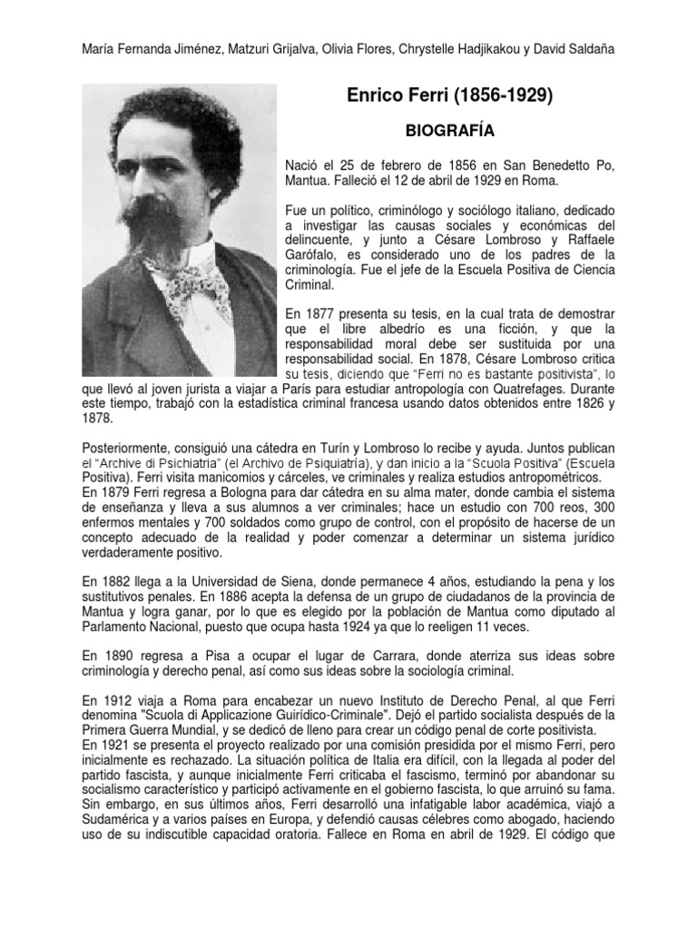 Biografía y aportes de Enrico Ferri | PDF | Derecho penal | Thriller y ...