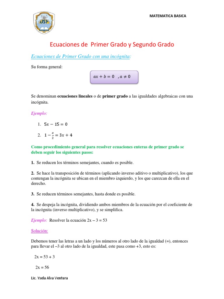 Ecuaciones De Primer Grado Y Segundo Grado Pdf Ecuaciones