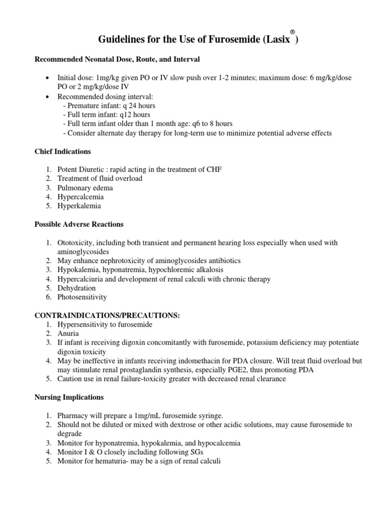 Guidelines For The Use of Furosemide (Lasix) : Recommended Neonatal ...