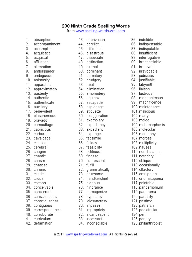 9th Grade Spelling Words PDF | PDF | Nature