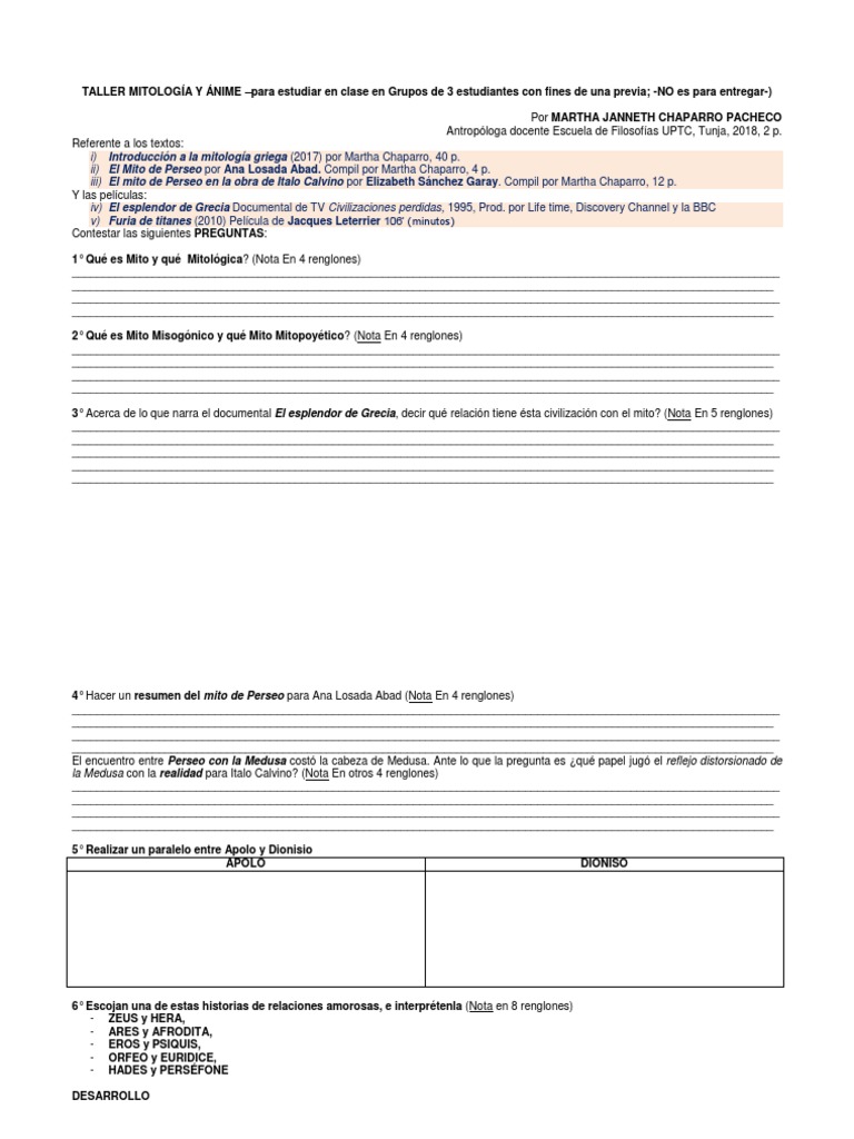 Taller de Mitología y Anime en Clase | PDF | Mitología griega | Dioniso