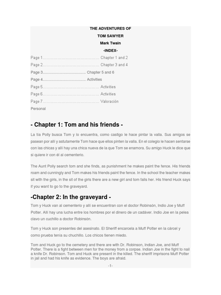 Tom Sawyer Chapter Index and Activities | PDF | The Adventures Of Tom ...