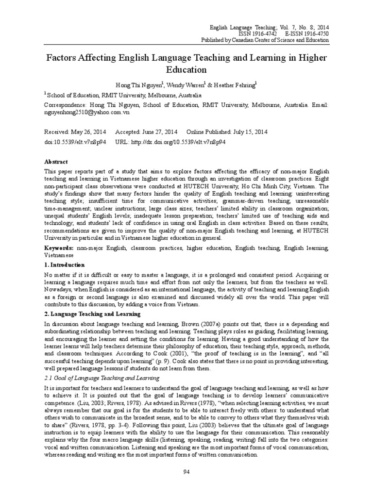 Factors Affecting English Language Teaching and Learning in Higher Education | PDF