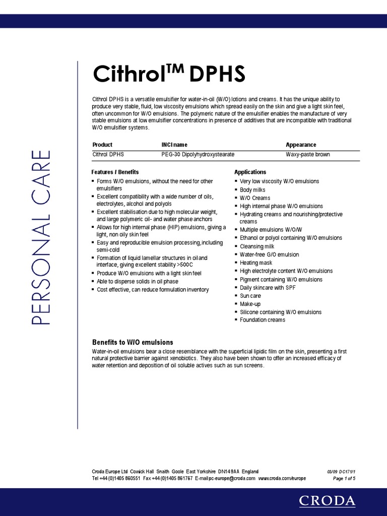 Cithrol DPHS - DC171 | PDF | Emulsion | Chemical Substances