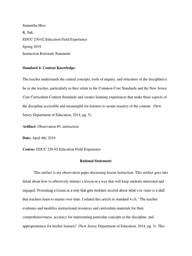 Instruction Rationale New | PDF | Teachers | Curriculum