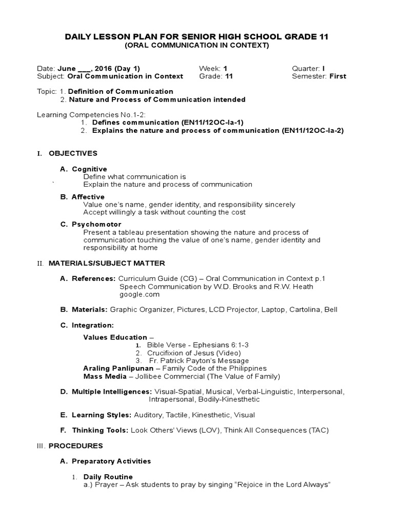 Lesson Plan Oral Communication | PDF | Nonverbal Communication | Communication
