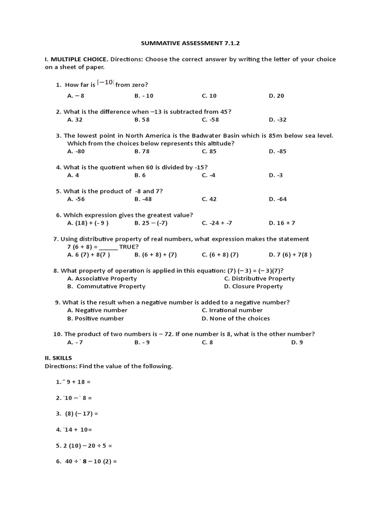 Summative Assessment 7.1.2 | PDF | Multiple Choice | Numbers