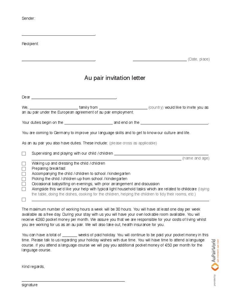 Au Pair Invitation Letter for Germany | PDF