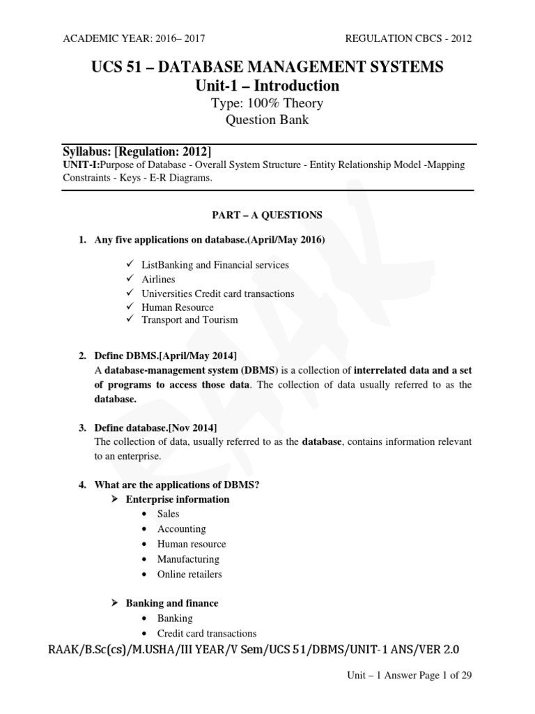 Ucs 51 Database Management Systems Unit 1 Introduction Type 100 Theory Question Bank