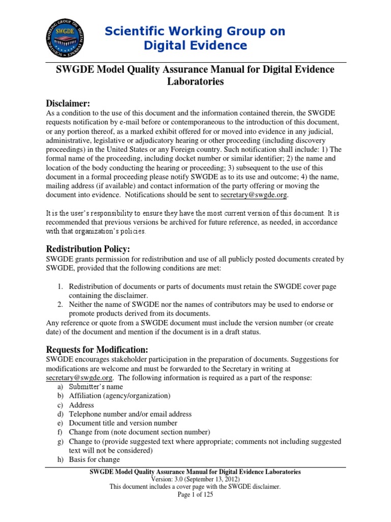 Scientific Working Group On Digital Evidence: SWGDE Model Quality ...