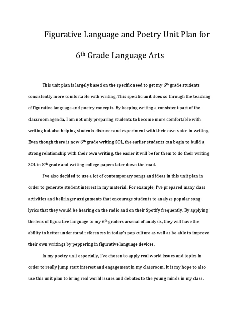 Figurative Language and Poetry Unit Plan For 6 Grade Language Arts ...