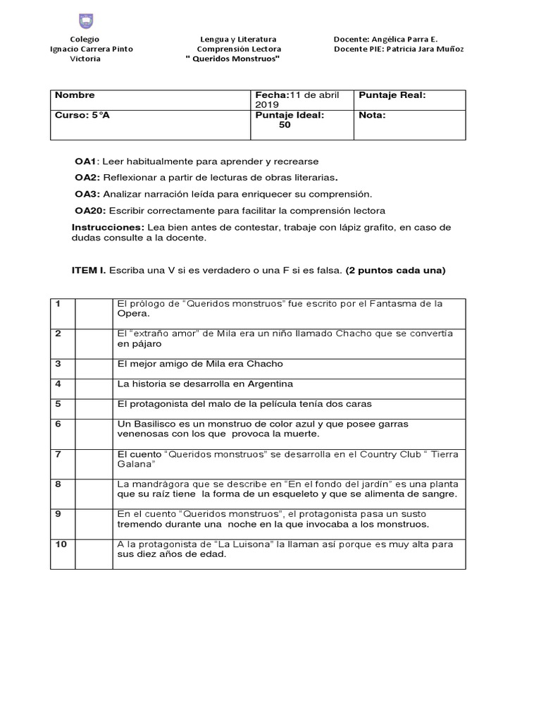 Guía de Comprensión: Queridos Monstruos | PDF | Ocio