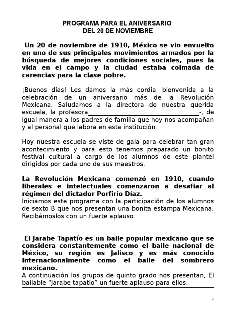 Programa para El Aniversario Del 20 de Noviembre | PDF | revolución mejicana | Jarabe Tapatío
