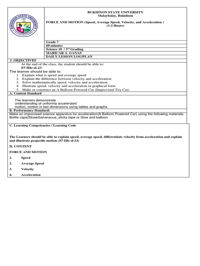 Lesson Plan On Kinematics | PDF | Acceleration | Velocity