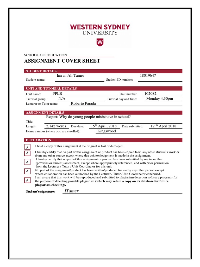 Assignment Cover Sheet: Imran Ali Tamer 18019647 | PDF | Classroom ...