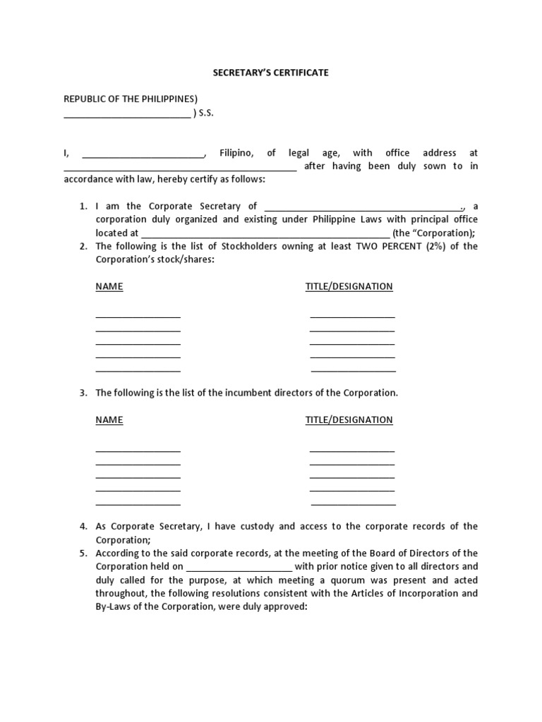 Secretary's Certificate With List of Officers | Download Free PDF ...