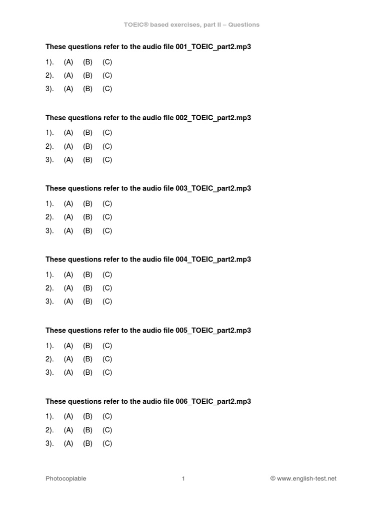 TOEIC Based Exercises Part2 Questions | PDF | Standardized Tests ...
