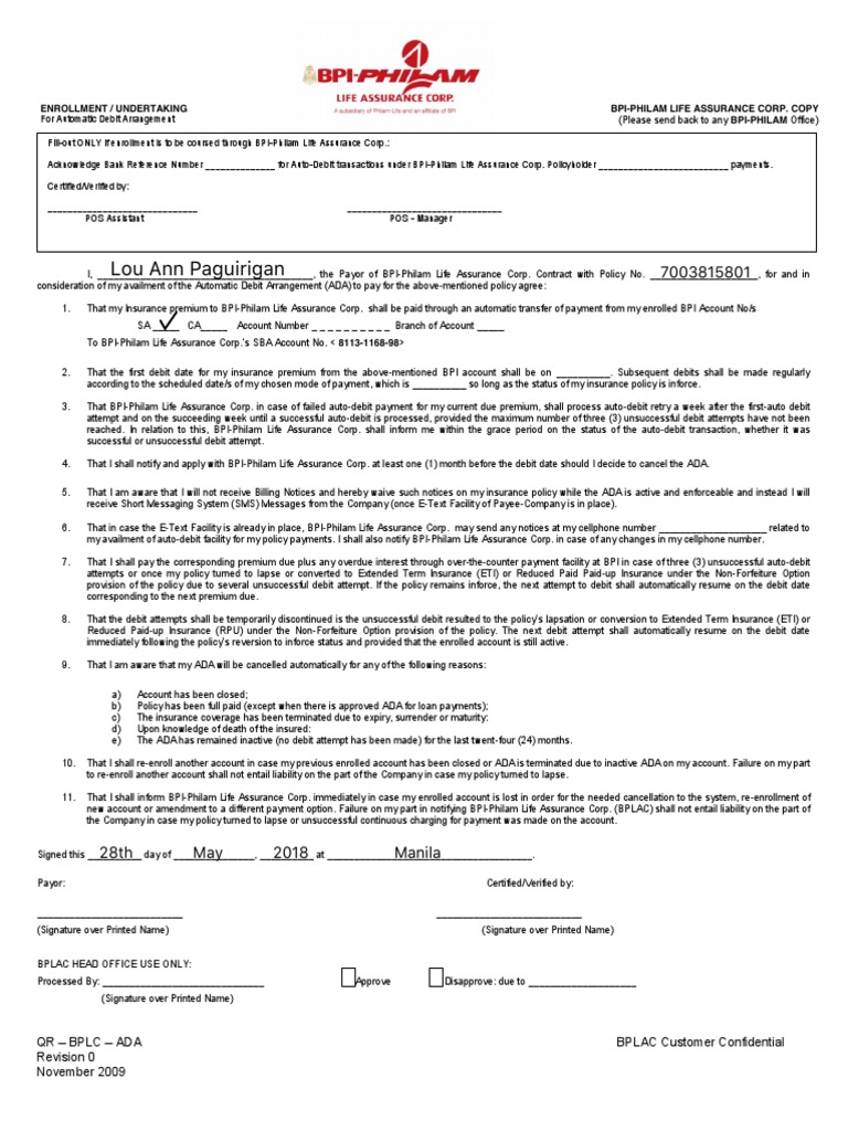 Auto Debit Arrangement (ADA) Undertaking Form | PDF | Life Insurance | Debit Card