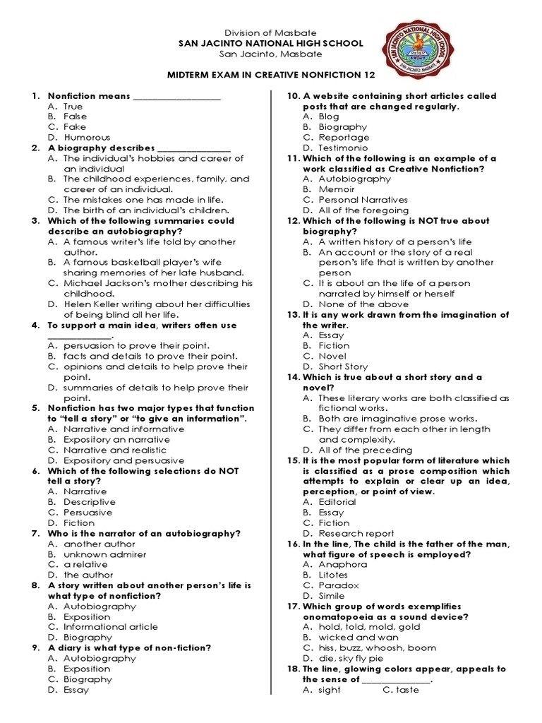 Midterm Exam in Creative Nonfiction 12 | PDF | Creative Nonfiction ...