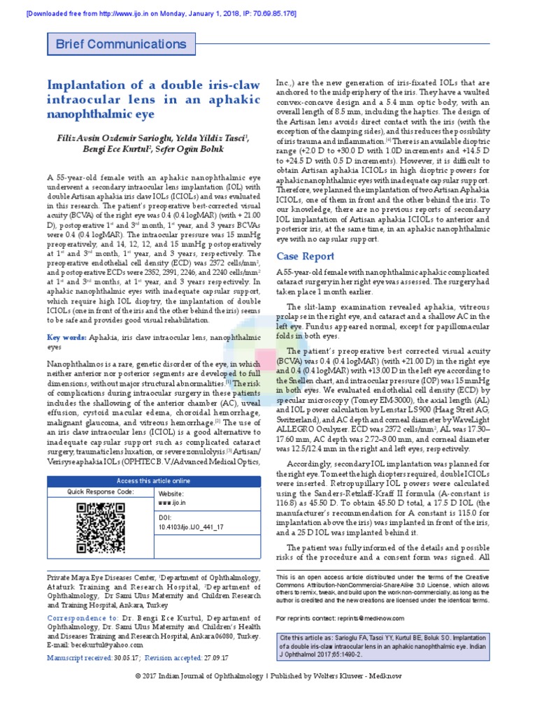 Implantation of A Double Iris-Claw Intraocular Len PDF | PDF | Glaucoma ...