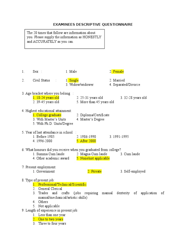 Examinees Descriptive Questionnaire | PDF | Rights | Civil And ...