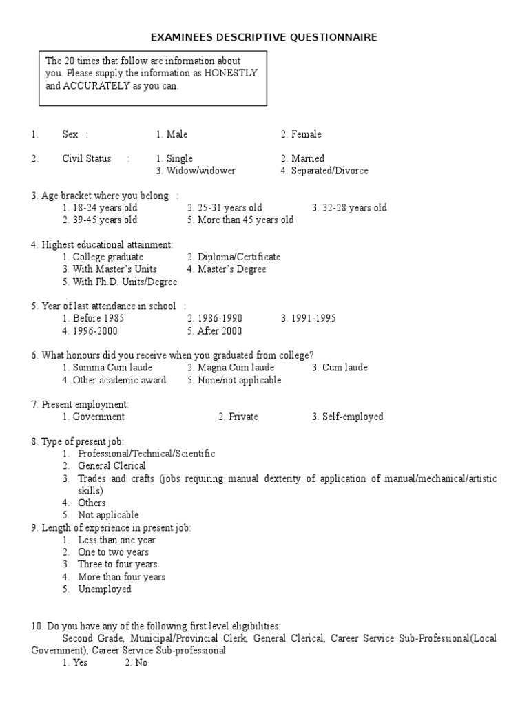 Examinees Descriptive Questionnaire | PDF | Educational Stages | Test ...