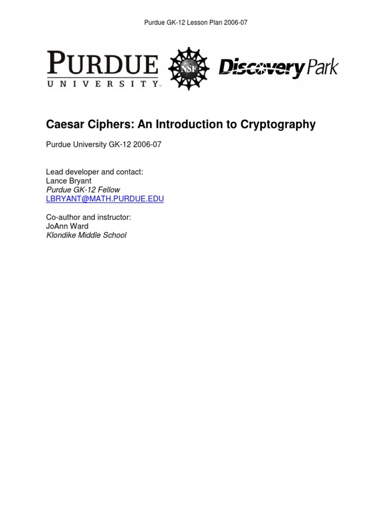Caesar Ciphers: An Introduction To Cryptography: Purdue University GK-12 2006-07 | PDF | Cipher ...