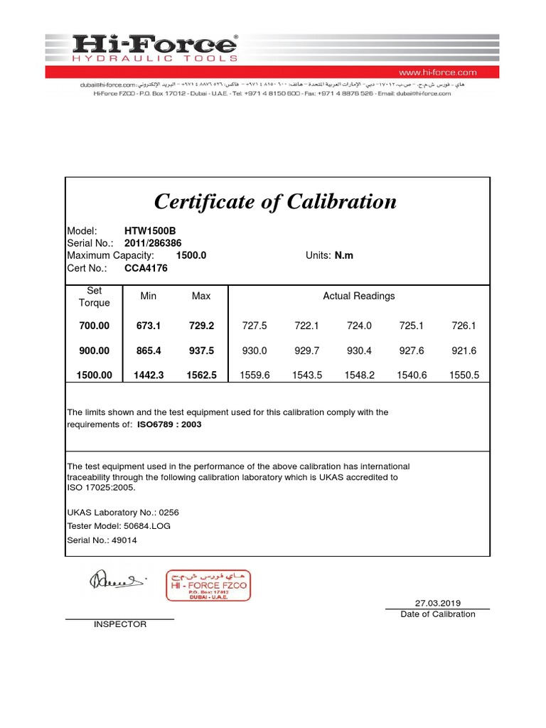Torque Wrench Calibration Certificate | PDF