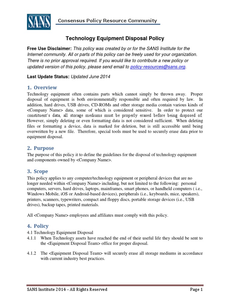 Technology Equipment Disposal Policy | PDF | Office Equipment | Digital ...