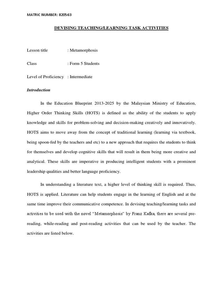 HOTS Teaching Activities for Metamorphosis | PDF | The Metamorphosis ...