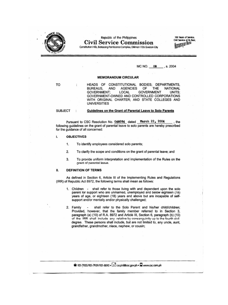 CSC MC 08, 2004. Parental LEave Guidelines PDF | PDF