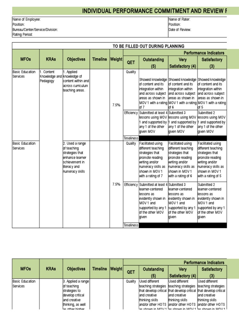 Individual Performance Commitment and Review Form (Ipcrf) For Teacher I ...