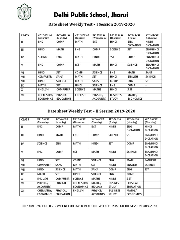 Date Sheet of Weekly Tests 2019-2020 2 | PDF | Science And Technology ...
