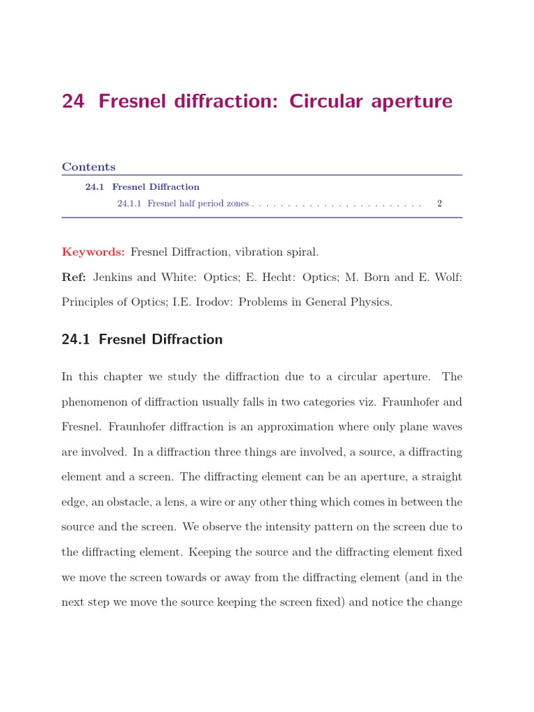 24 Fresnel Diffraction: Circular Aperture | PDF | Diffraction | Wavelength