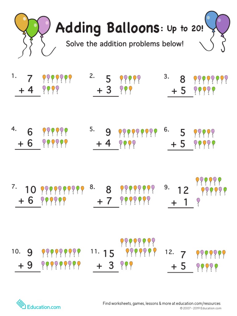 Adding Balloons: Solve The Addition Problems Below! | PDF