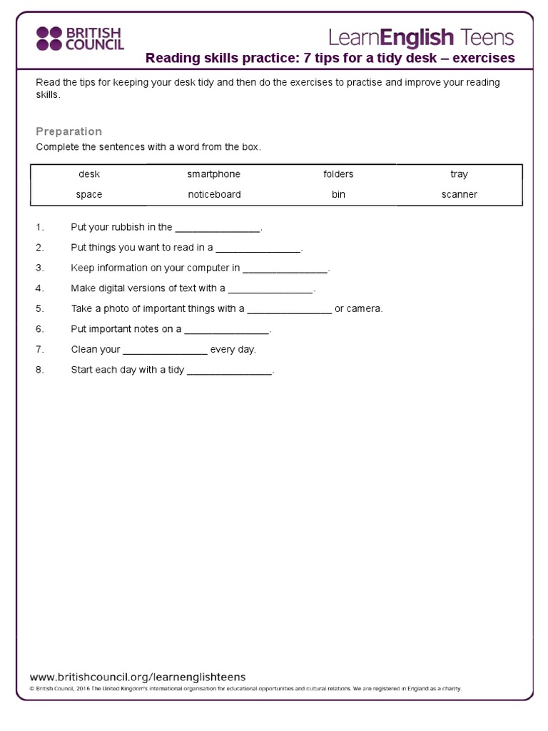 7 Tips For A Tidy Desk - Exercises | PDF | Desk | Computing