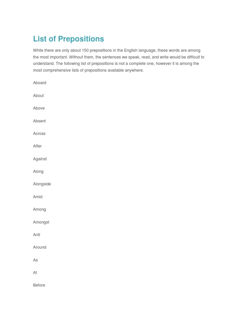 Prepositions List | Download Free PDF | Preposition And Postposition ...
