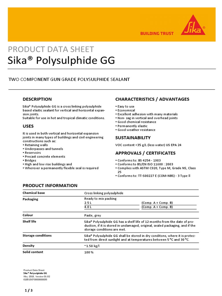 Sika Polysulphide GG PDS GCC | Download Free PDF | Chemistry | Chemical ...