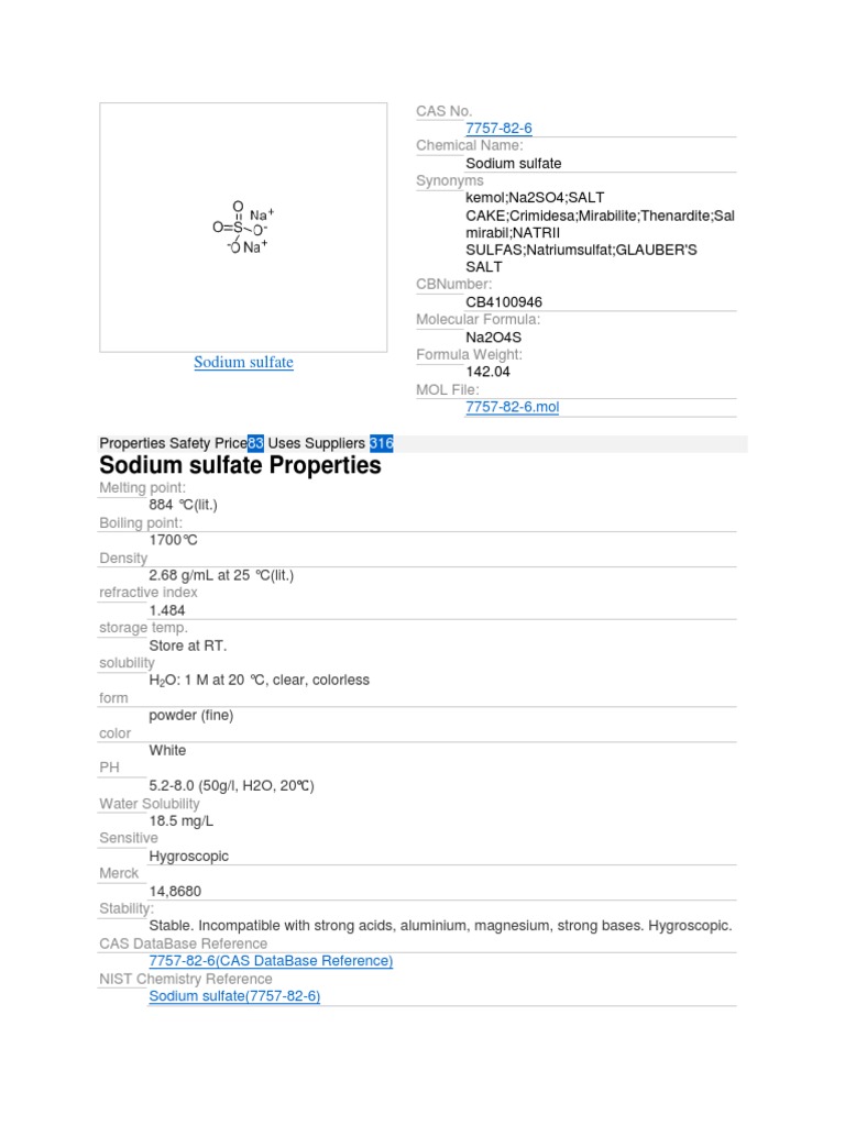 Sodium Sulfate Properties | PDF | Sodium Chloride | Dye