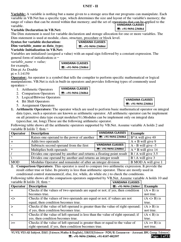 Variable - Name Value : Vandana Classes | PDF | Subroutine | Array Data Structure