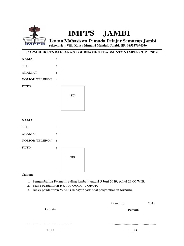 Formulir Pendaftaran Badminton | PDF