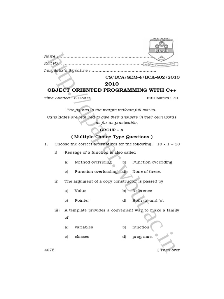 Bca - 402 PDF | PDF | C++ | Object Oriented Programming