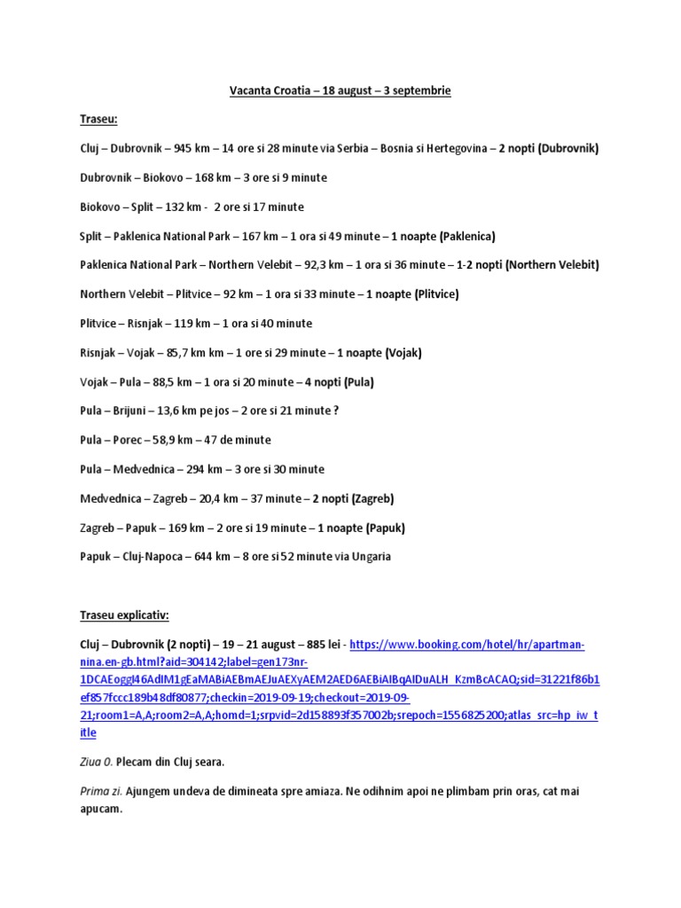 Vacanta Croatia - 18 August - 3 Septembrie Traseu | PDF