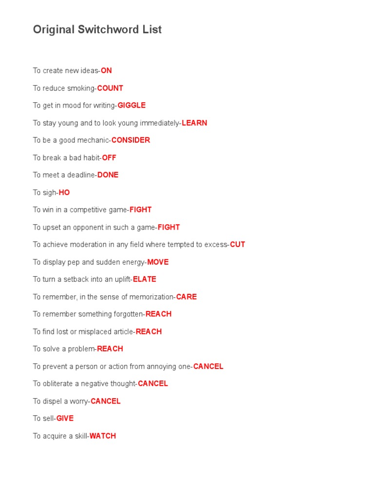 Switchword List & Usage Guide | PDF | Psychological Concepts ...