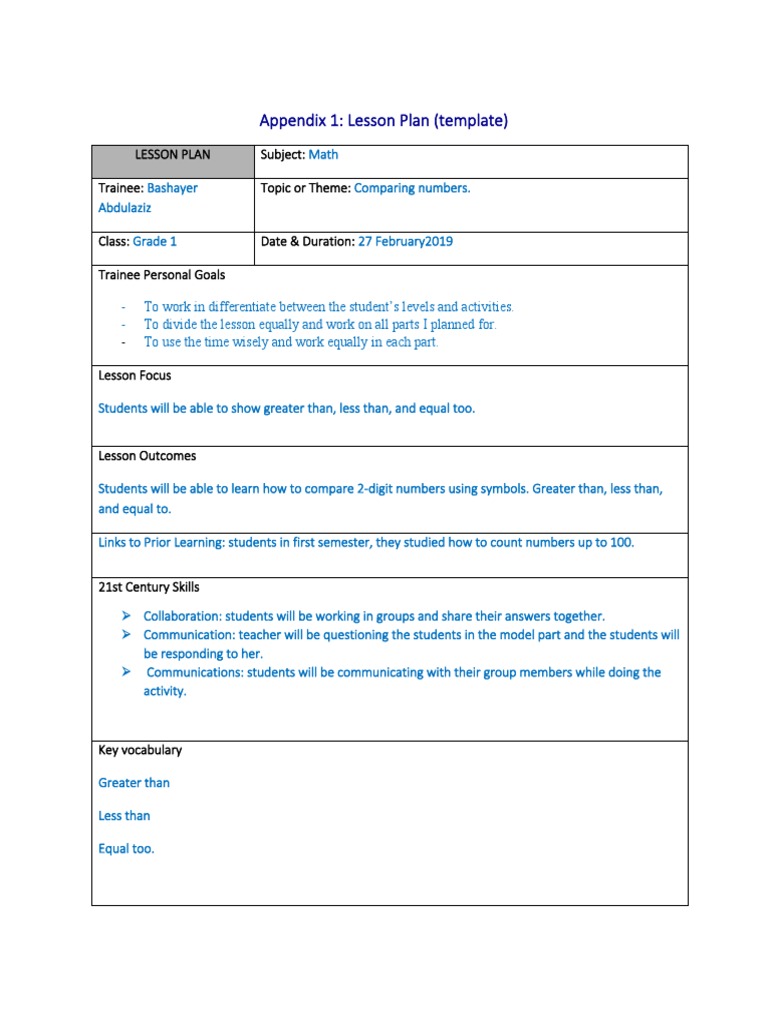 Appendix 1: Lesson Plan (Template) | PDF | Behaviorism | Lesson Plan