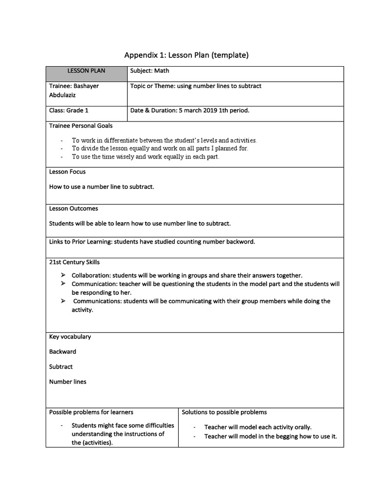 Appendix 1: Lesson Plan (Template) | PDF | Lesson Plan | Educational ...