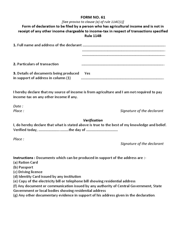 Form No. 61: (See Proviso To Clause (A) of Rule 114C (1) ) | PDF ...