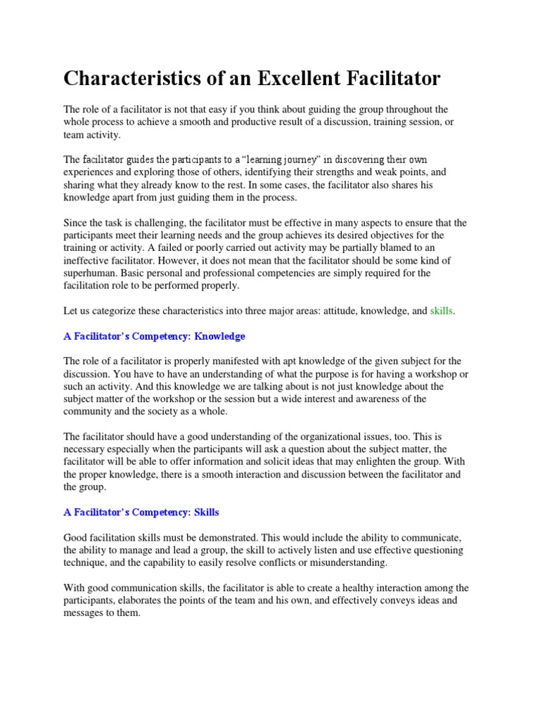 Characteristics of An Excellent Facilitator | PDF | Facilitator ...